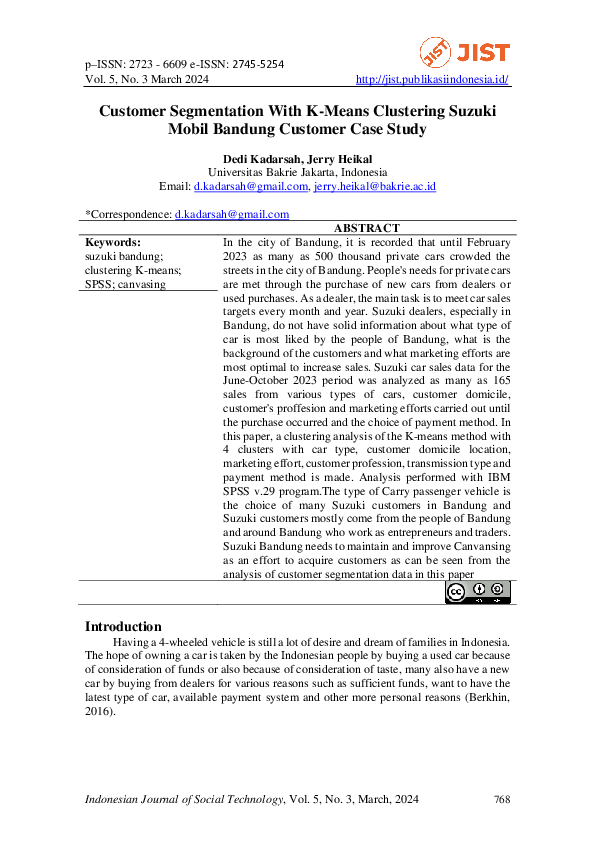 (PDF) Customer Segmentation With K-Means Clustering Suzuki Mobil Bandung Customer Case Study