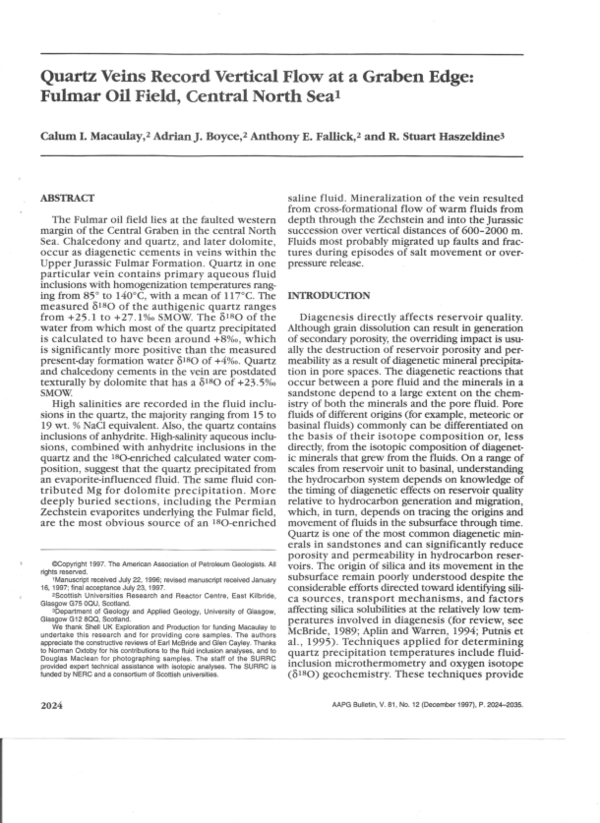 (PDF) Quartz Veins Record Vertical Flow at a Graben Edge: Fulmar Oil ...