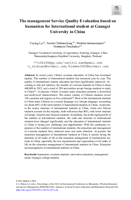 (PDF) The management Service Quality Evaluation based on humanism for International student at ...