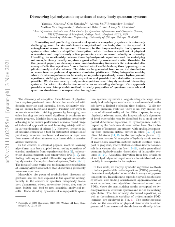 (PDF) Discovering hydrodynamic equations of many-body quantum systems