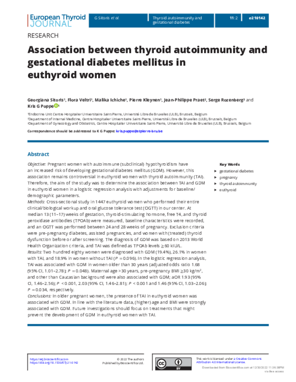 Pdf Association Between Thyroid Autoimmunity And Gestational Diabetes Mellitus In Euthyroid Women