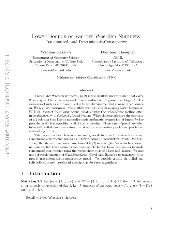 (PDF) Lower Bounds on the van der Waerden Numbers: Randomized- and Deterministic-Constructive