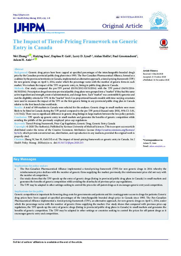 (PDF) The Impact of Tiered-Pricing Framework on Generic Entry in Canada