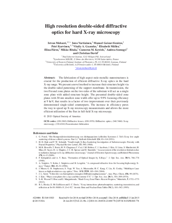 (PDF) High resolution double-sided diffractive optics for hard X-ray microscopy | Christian ...