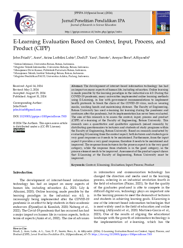 (PDF) E-Learning Evaluation Based on Context, Input, Process, and Product (CIPP