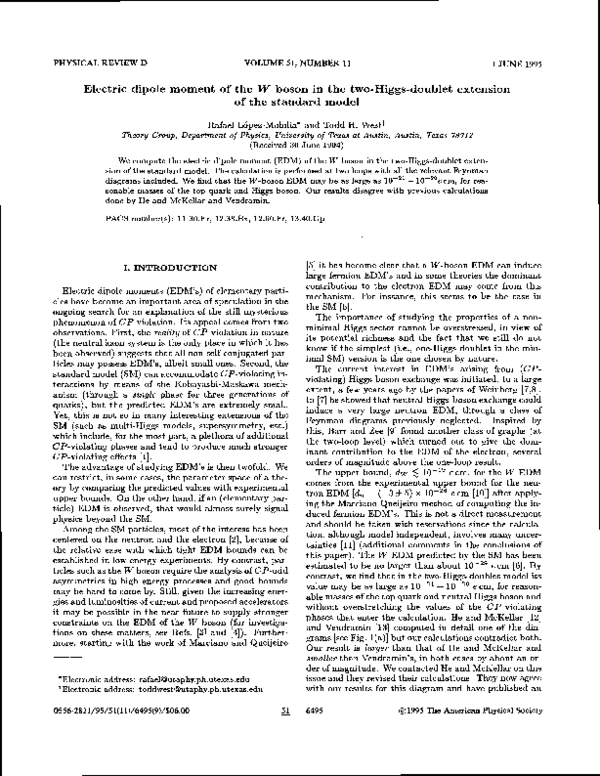 (PDF) Electric dipole moment of the W boson in the two-Higgs-doublet extension of the standard model