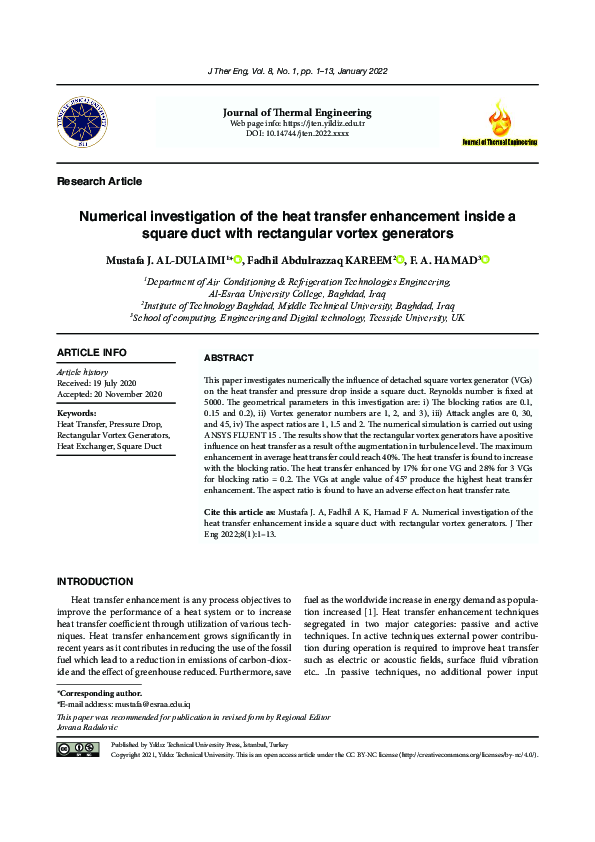 (PDF) Numerical investigation of the heat transfer enhancement inside a ...