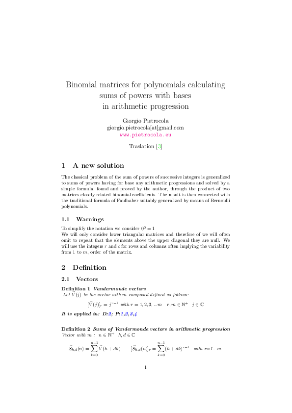 Pdf Binomial Matrices For Polynomials Calculating Sums Of Powers With Bases In Arithmetic