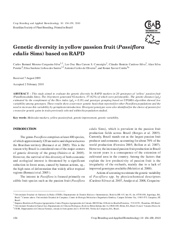 (PDF) Genetic diversity in yellow passion fruit (Passiflora edulis Sims) based on RAPD