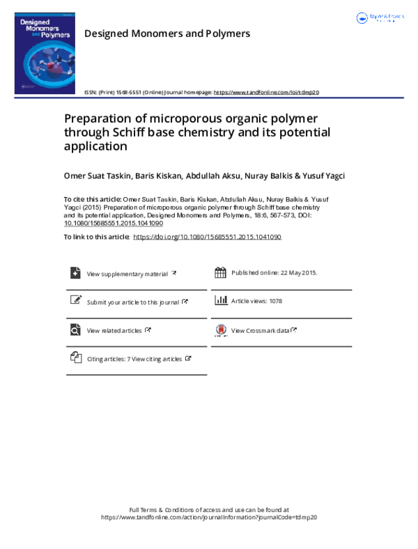 (PDF) Preparation of microporous organic polymer through Schiff base chemistry and its potential ...