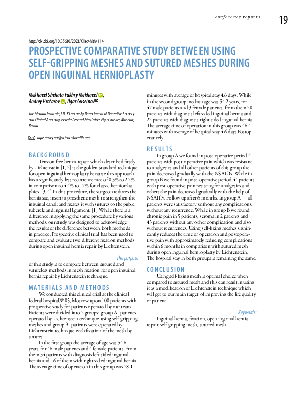 (PDF) Prospective comparative study between using self-gripping meshes and sutured meshes during ...