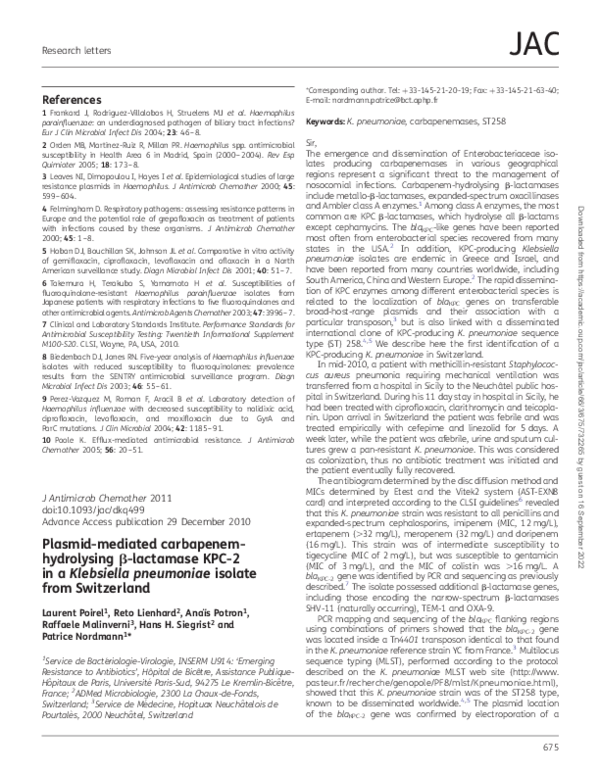 (PDF) Plasmid-mediated carbapenem-hydrolysing -lactamase KPC-2 in a ...