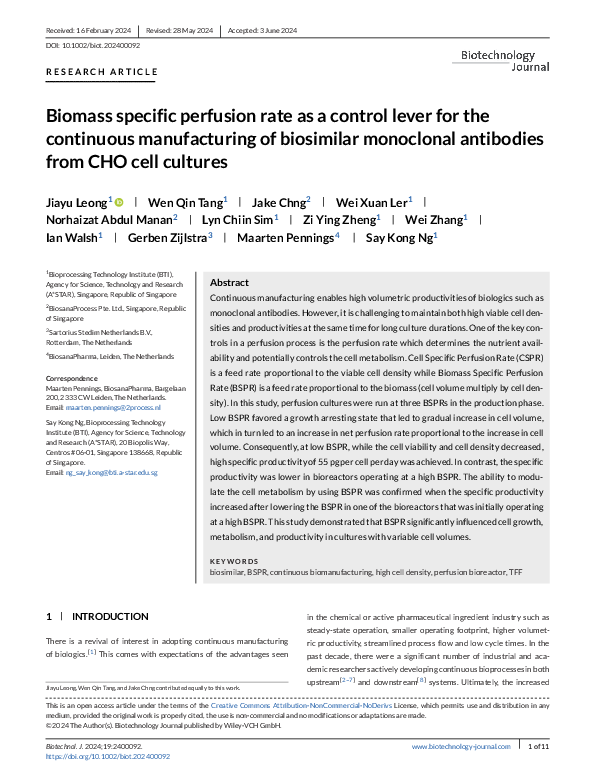 (PDF) Biomass specific perfusion rate as a control lever for the ...