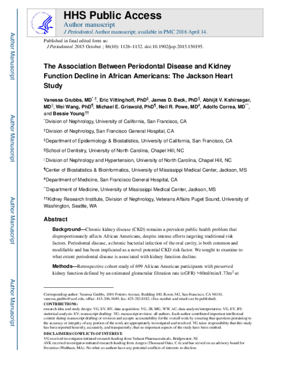 (PDF) Title: The Association Between Periodontal Disease and Kidney Function Decline in African ...