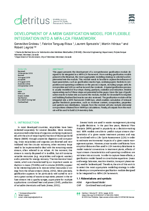 (PDF) Development of a MSW Gasification Model for Flexible Integration ...