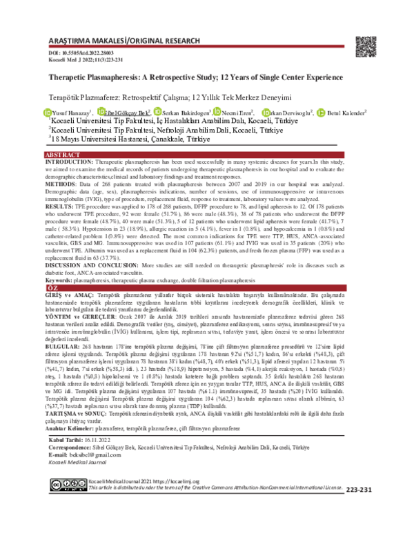 (PDF) Therapetic Plasmapheresis: A Retrospective Study; 12 Years of ...
