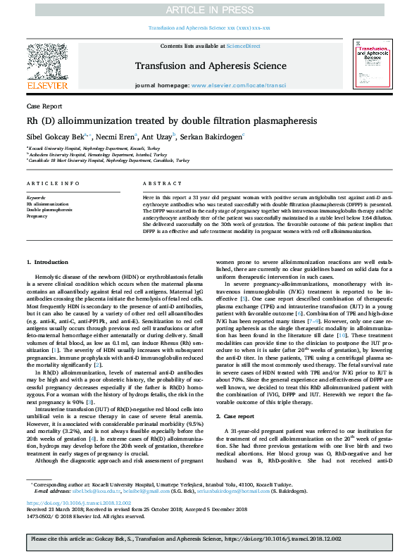 (PDF) Rh (D) alloimmunization treated by double filtration plasmapheresis