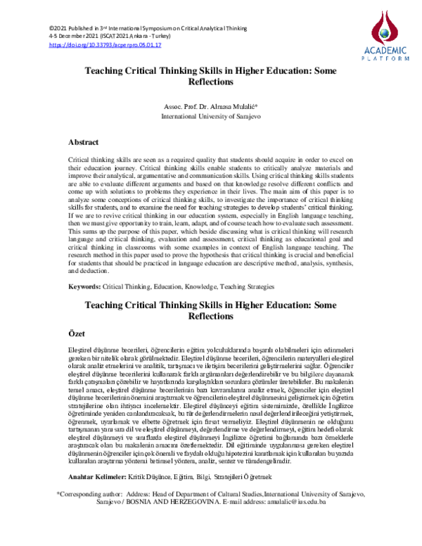 (PDF) Teaching Critical Thinking Skills in Higher Education: Some Reflections