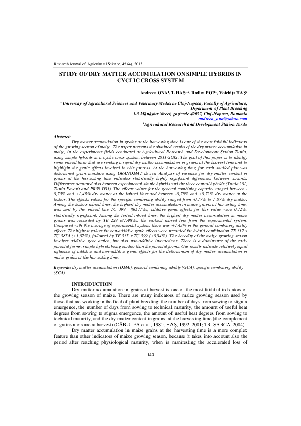 (PDF) Study of Dry Matter Accumulation on Simple Hybrids in Cyclic ...