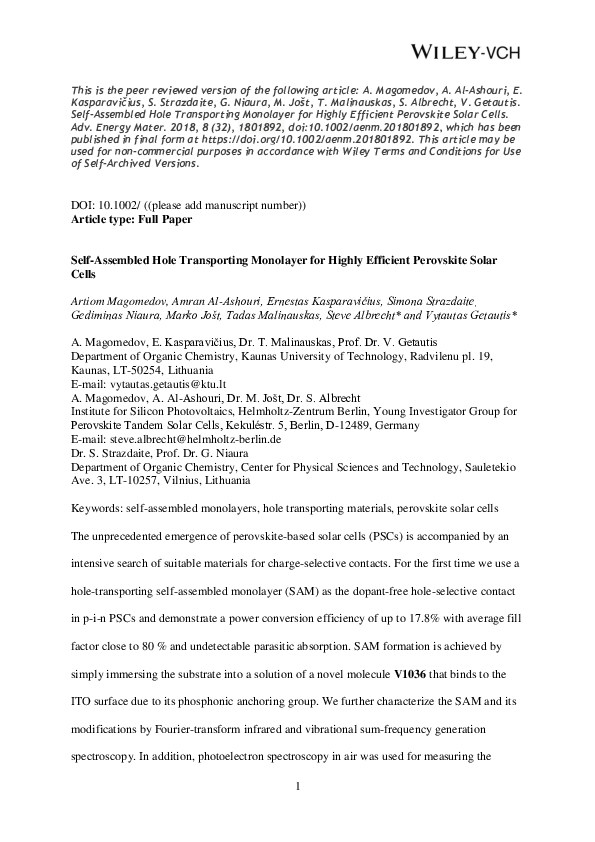 (PDF) Self‐Assembled Hole Transporting Monolayer for Highly Efficient Perovskite Solar Cells