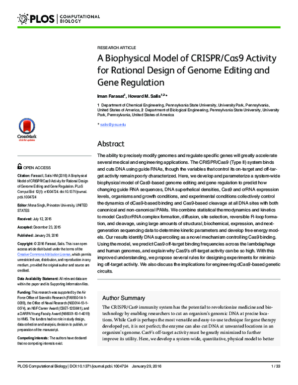 (PDF) A Biophysical Model of CRISPR/Cas9 Activity for Rational Design ...