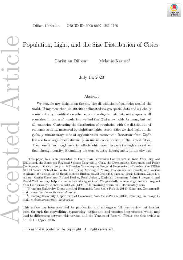 (PDF) Population, light, and the size distribution of cities