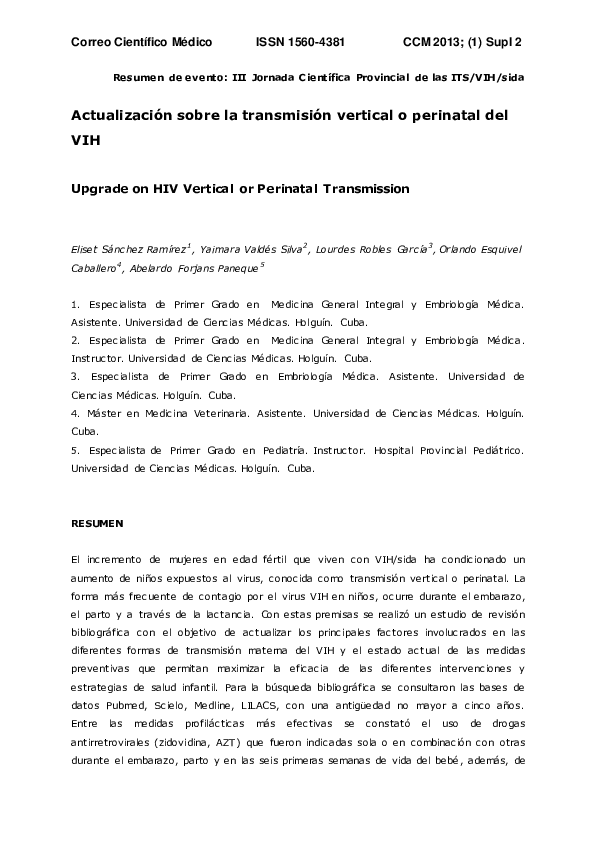 (PDF) Actualización sobre la transmisión vertical o perinatal del VIH