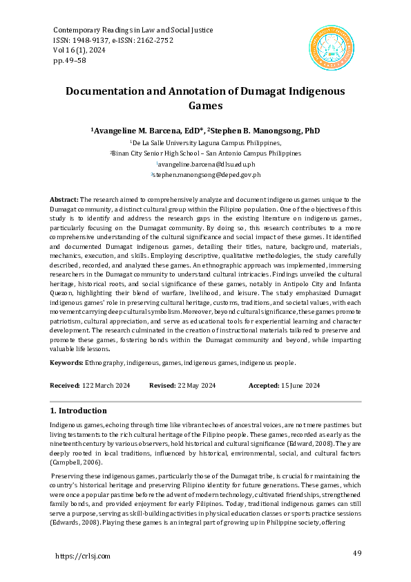 (PDF) Documentation and Annotation of Dumagat Indigenous Games