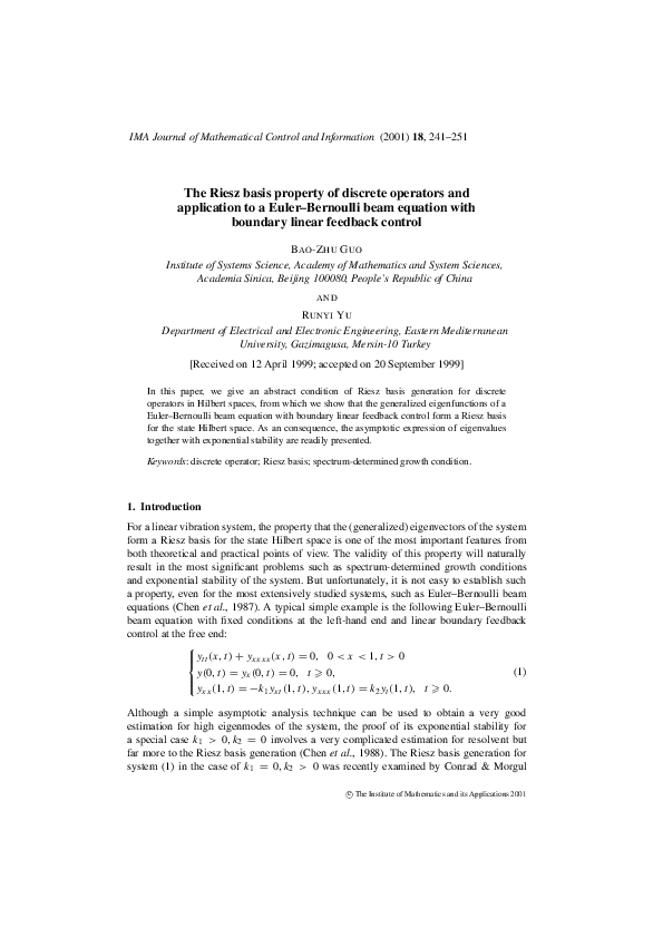 (PDF) The Riesz basis property of discrete operators and application to a Euler-Bernoulli beam ...