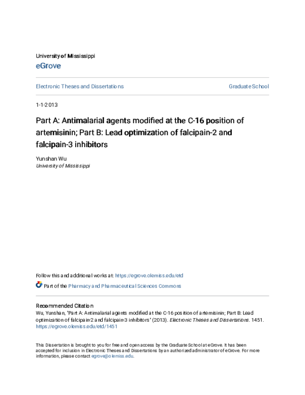 (PDF) Part A: Antimalarial agents modified at the C-16 position of artemisinin; Part B: Lead ...