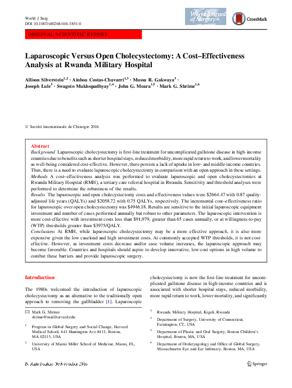 (PDF) Laparoscopic Versus Open Cholecystectomy: A Cost–Effectiveness Analysis at Rwanda Military ...