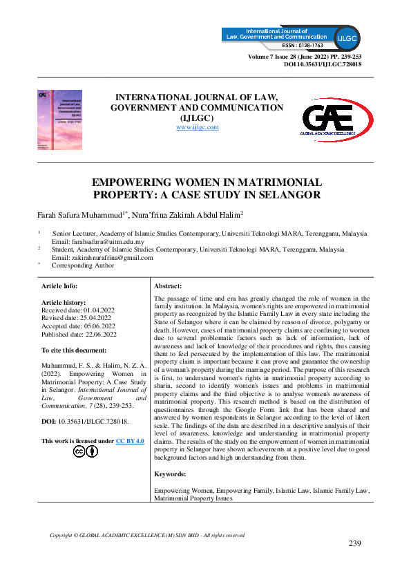 (PDF) Empowering Women in Matrimonial Property: A Case Study in Selangor