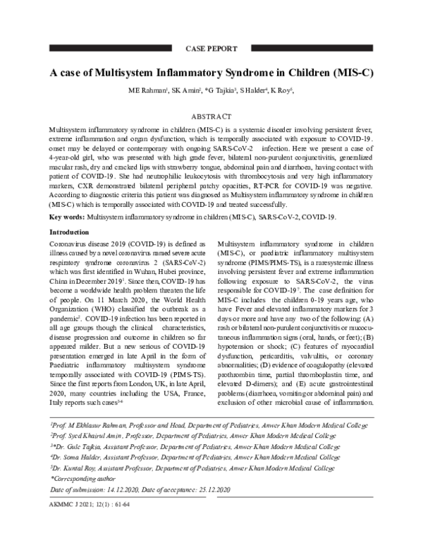 (PDF) A case of Multisystem Inflammatory Syndrome in Children (MIS-C ...