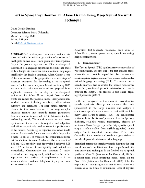 (PDF) Text to Speech Synthesizer for Afaan Oromo Using Deep Neural Network Technique