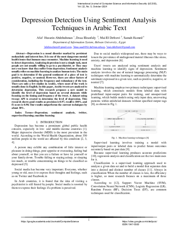 (PDF) Depression Detection Using Sentiment Analysis Techniques in Arabic Text