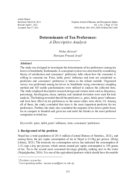 (PDF) Determinants of Tea Preference: A Descriptive Analysis