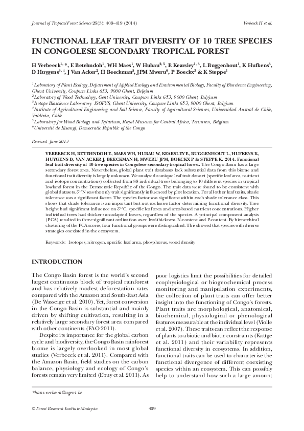 (PDF) Functional leaf trait diversity of 10 tree species in Congolese ...