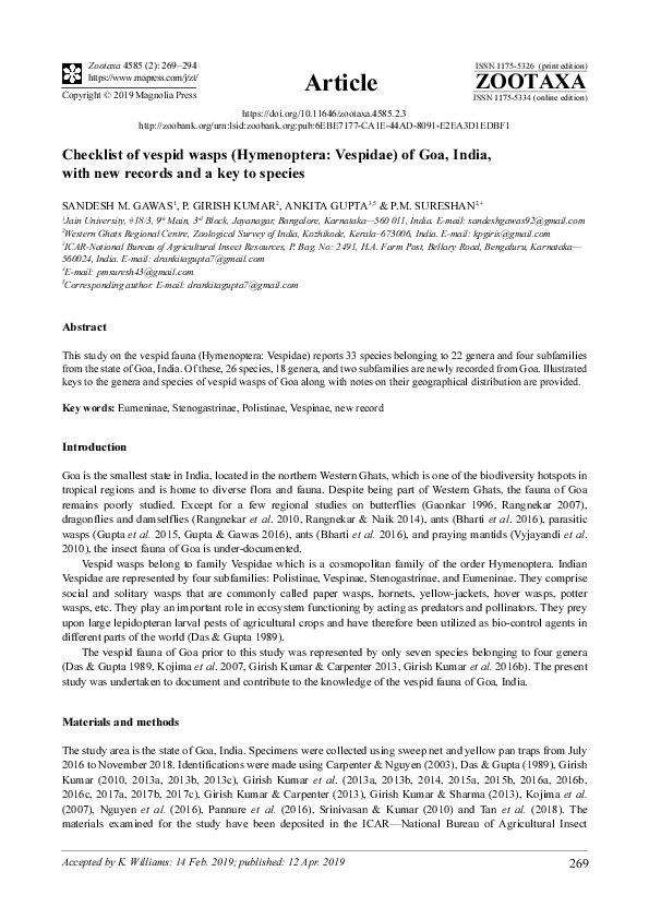 (PDF) Checklist of vespid wasps (Hymenoptera: Vespidae) of Goa, India ...