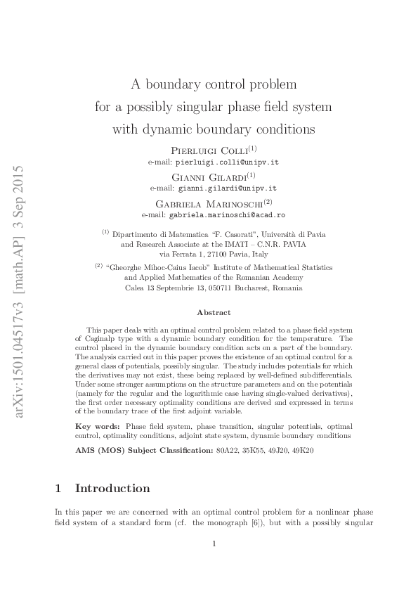 (PDF) A boundary control problem for a possibly singular phase field system with dynamic ...