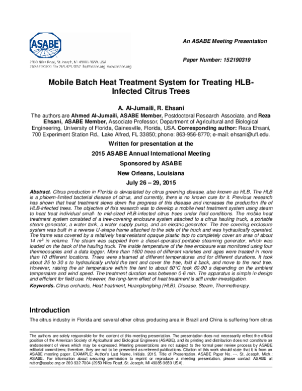 (PDF) Mobile Batch Heat Treatment System for Treating HLB-Infected ...