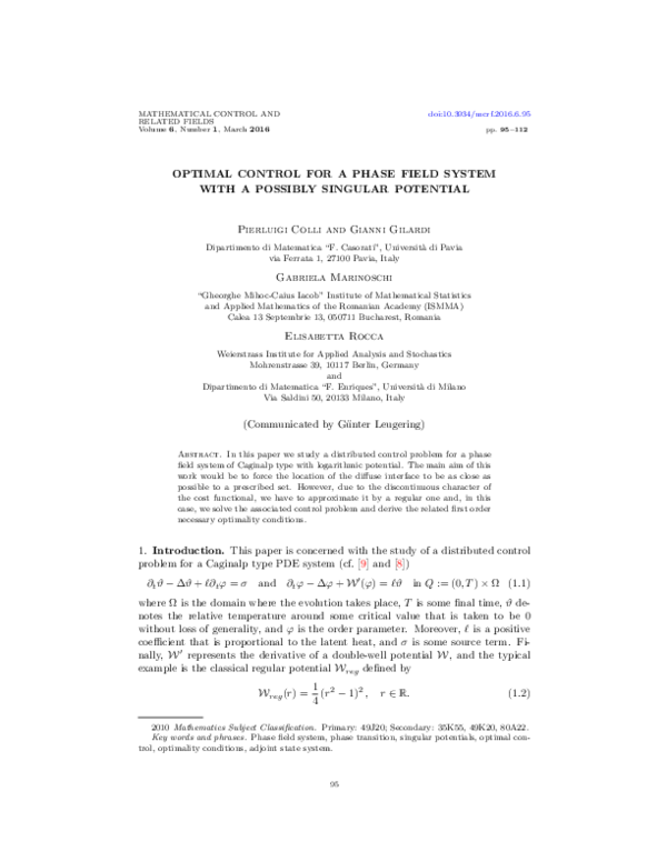 (PDF) Optimal control for a phase field system with a possibly singular potential | Gianni ...