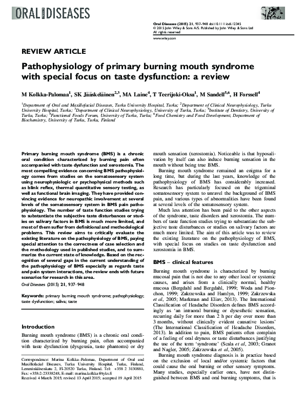 (PDF) Pathophysiology of primary burning mouth syndrome