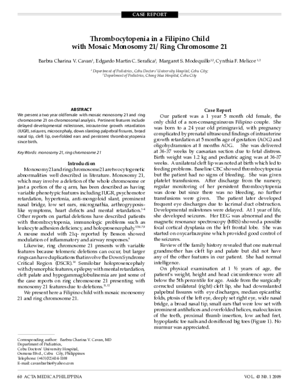 (PDF) Thrombocytopenia in a Filipino Child with Mosaic Monosomy 21/Ring Chromosome 21 | Margaret ...