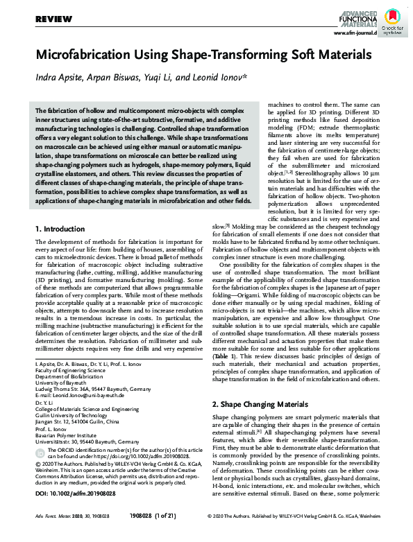 (PDF) Microfabrication Using Shape‐Transforming Soft Materials