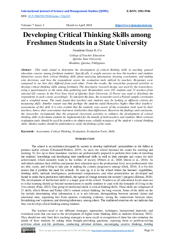 (PDF) Developing Critical Thinking Skills among Freshmen Students in a State University