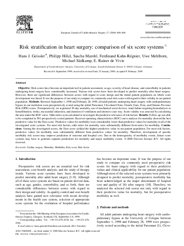 (PDF) Risk stratification in heart surgery: comparison of six score systems