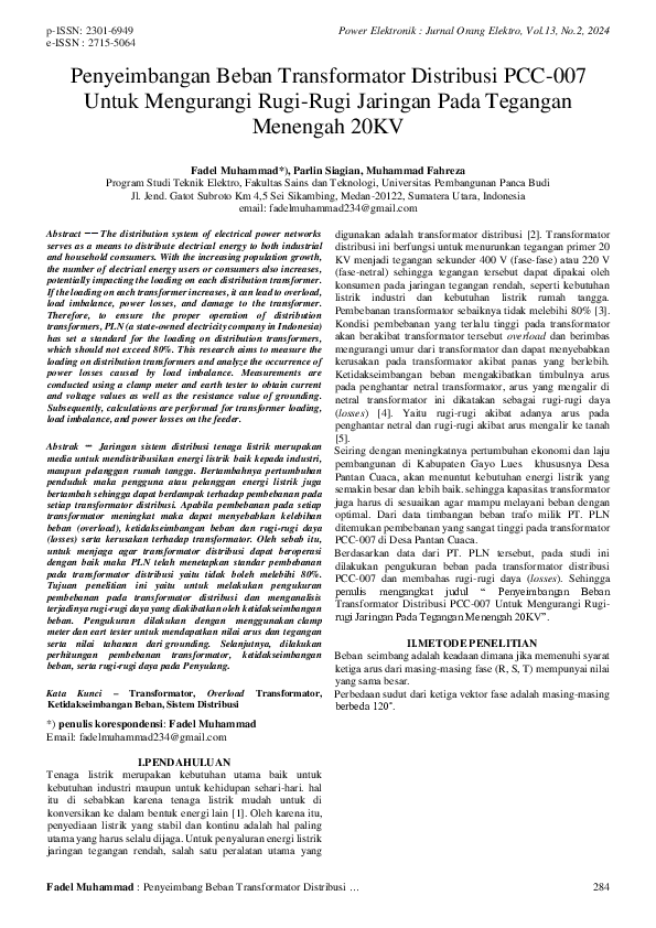 (PDF) Penyeimbangan Beban Transformator Distribusi PCC-007 Untuk Mengurangi Rugi-Rugi Jaringan ...
