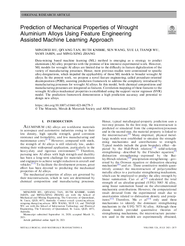 (PDF) Prediction of Mechanical Properties of Wrought Aluminium Alloys Using Feature Engineering ...