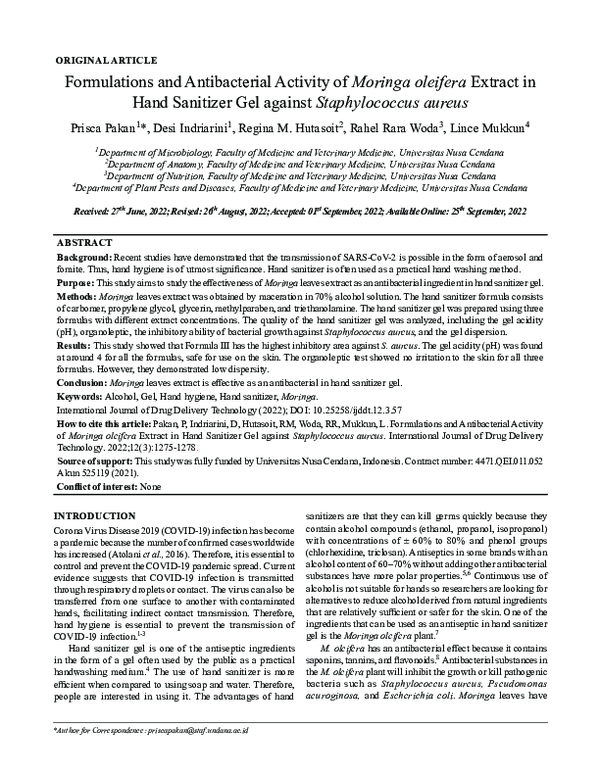 (PDF) Formulations and Antibacterial Activity of Moringa oleifera Extract in Hand Sanitizer Gel ...