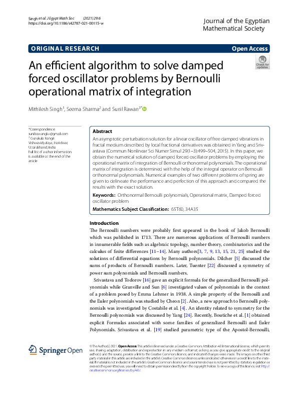 Pdf An Efficient Algorithm To Solve Damped Forced Oscillator Problems By Bernoulli Operational